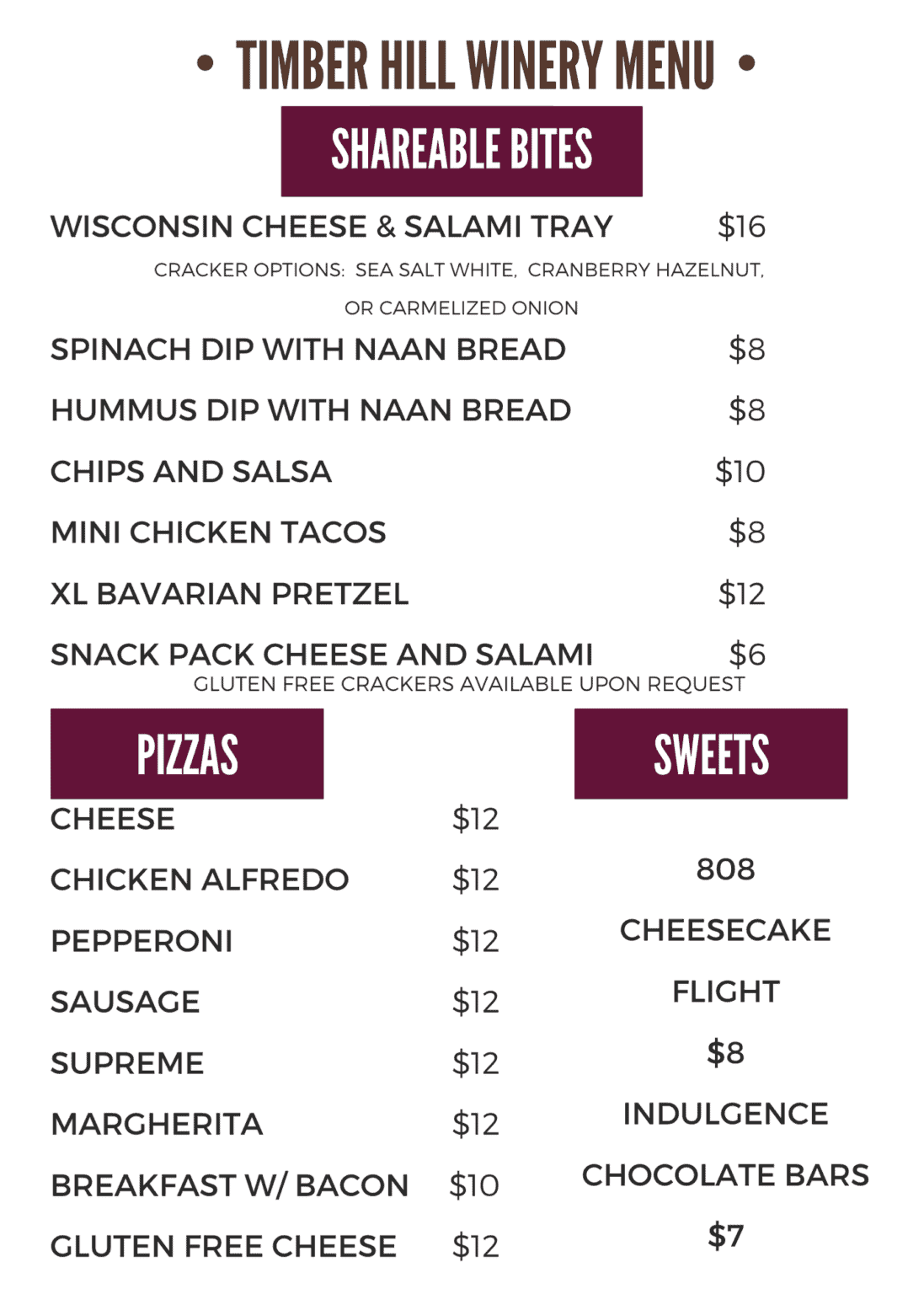 Winery Food Menu | Timber Hill Winery