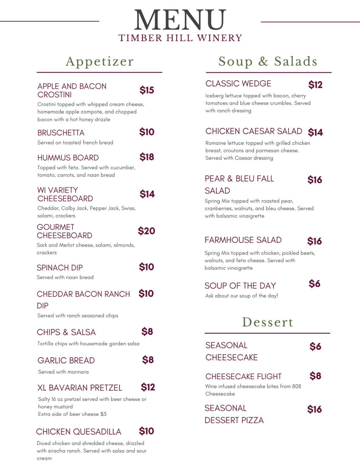 Food Menu | Timber Hill Winery