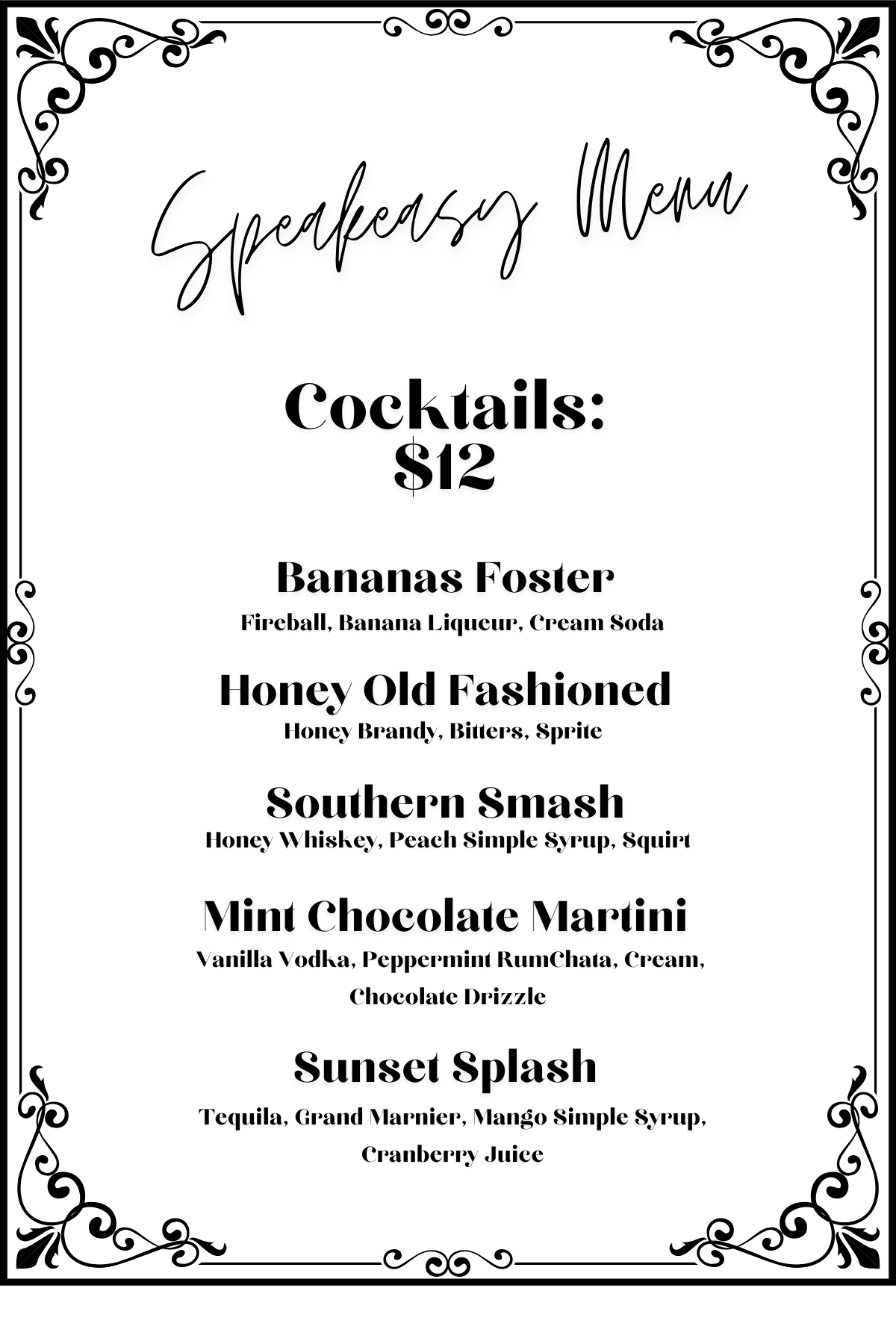 Speakeasy Sips Menu | Timber Hill Winery