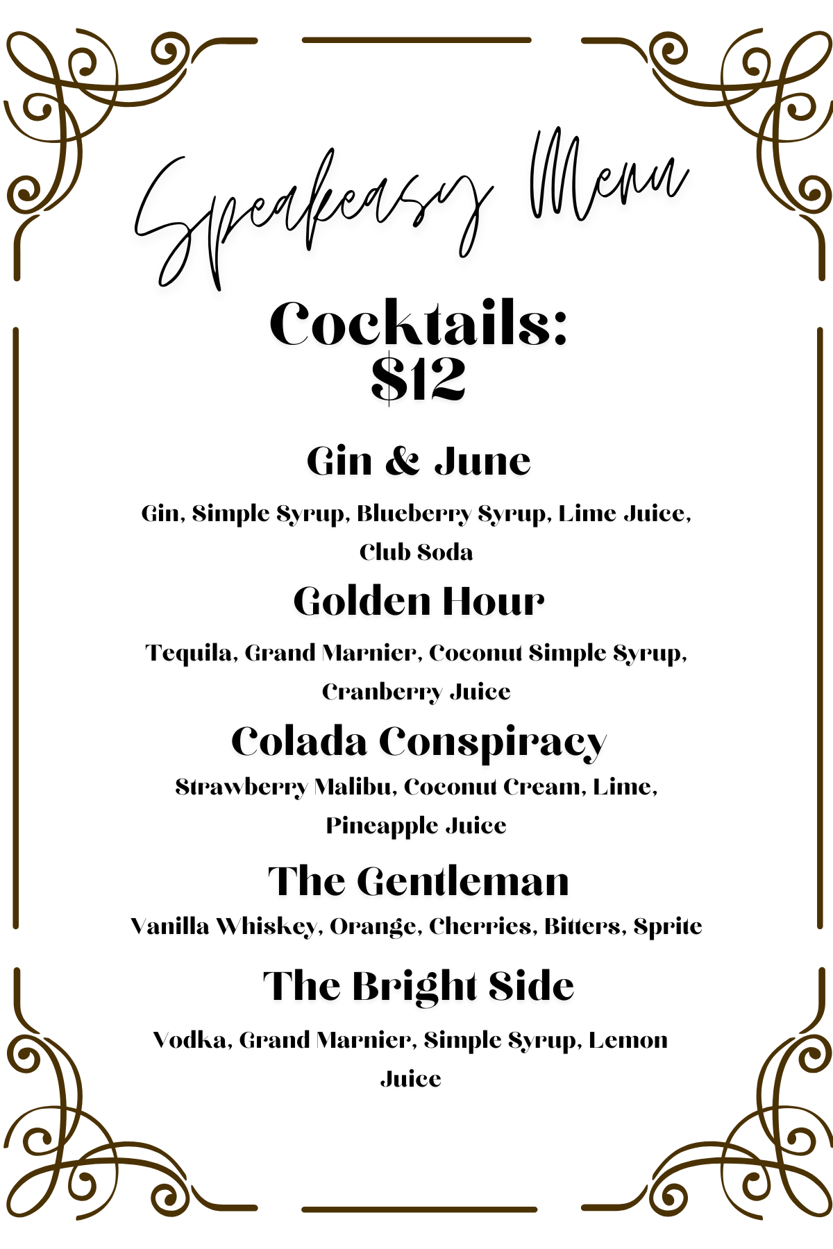 Speakeasy Sips Menu | Timber Hill Winery